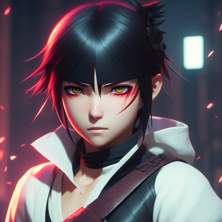 BrunoStarling: White hair ninja, short hair, man, fringe, red bright ...