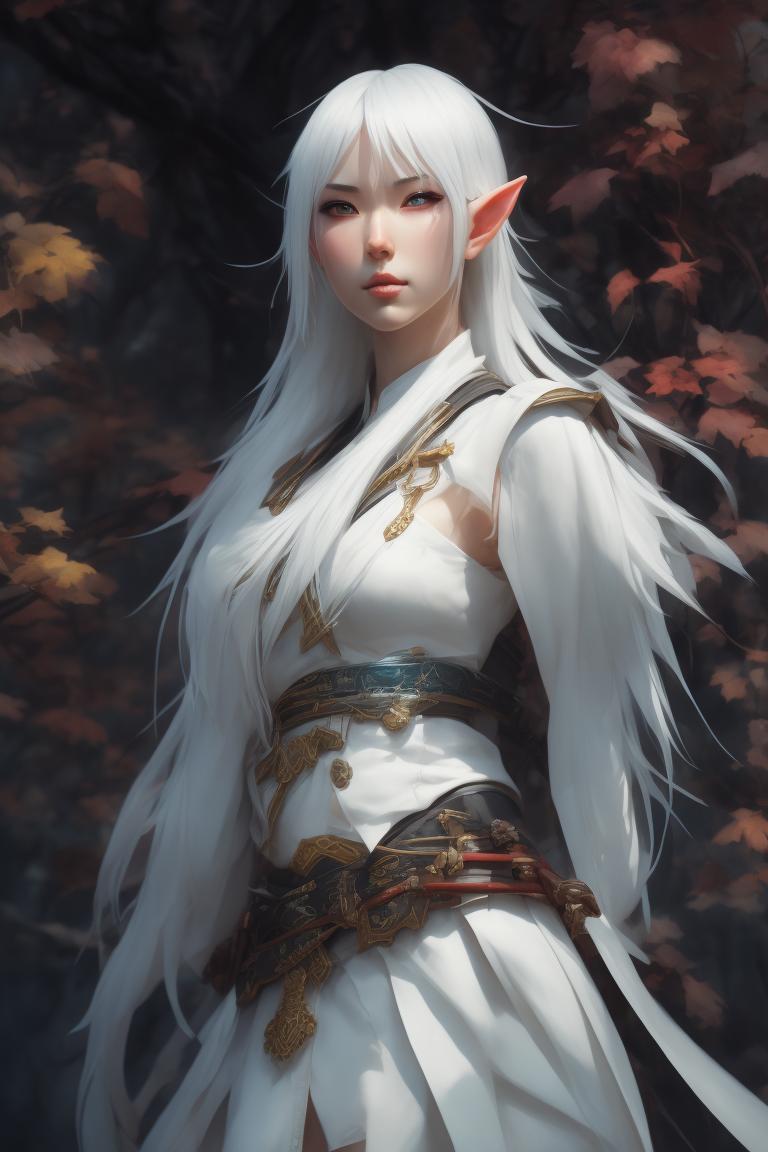 milky-hyena375: female elf samurai, white hair, iaido uniform, final ...