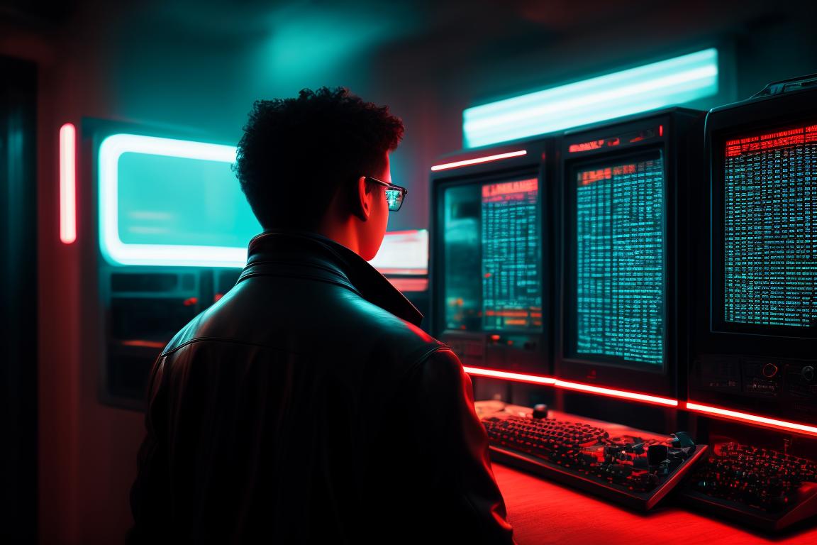 drafty-shrew643: A hacker nerd dressed in a leather coat in a room with ...