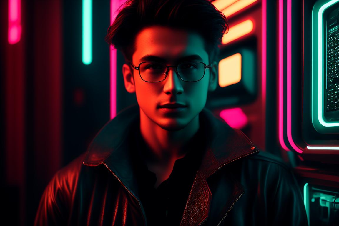 drafty-shrew643: A hacker nerd dressed in a leather coat in a room with ...