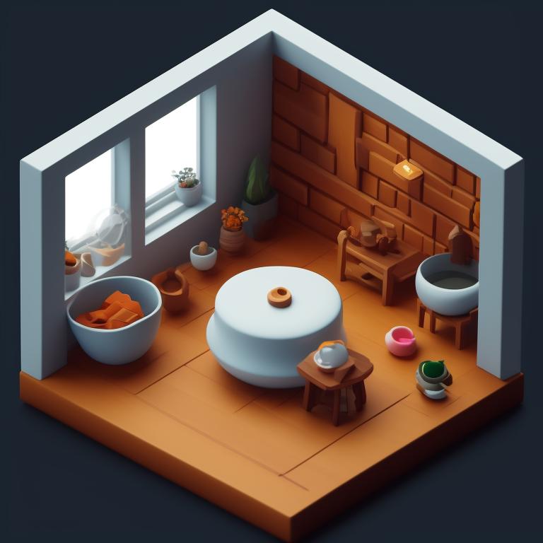 SejaNotado: Isometric 3d scene, room with a window, minimalistic chibi ...