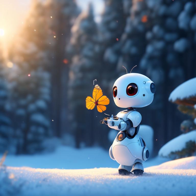 Hursty: a small robot holding a butterfly, bright snowy scene, robot ...