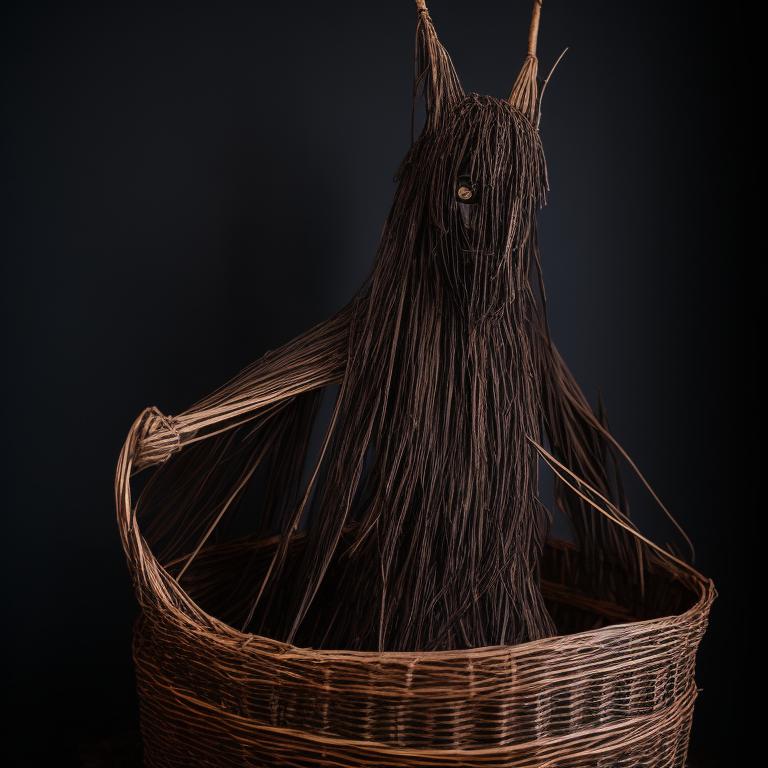 round-dunlin811: dark, wooden figure, Witch, made out of antique wicker ...