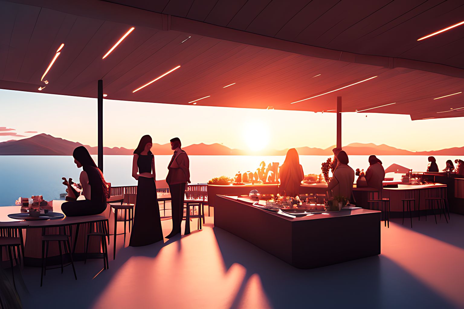 keshvary: rooftop cafe, people sitting on counter, sunset, lake on ...