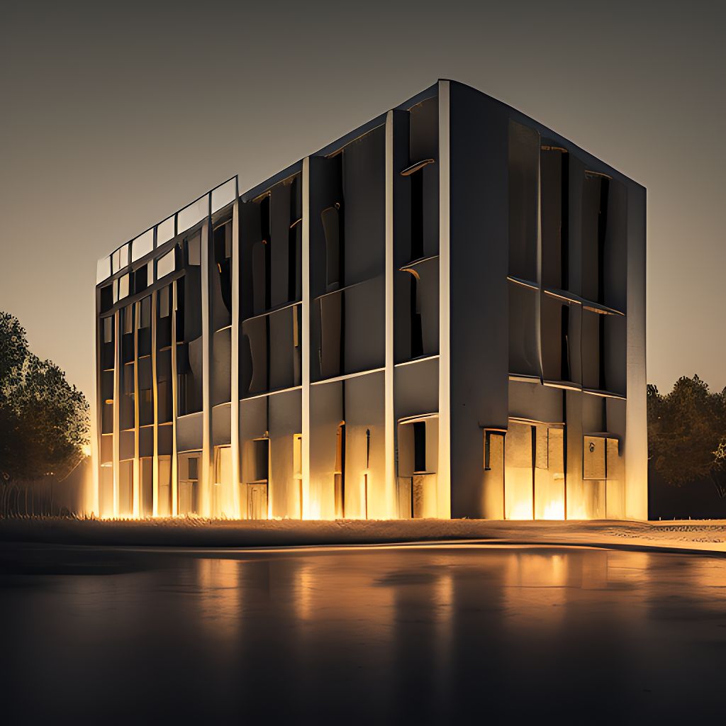 rowdy-jaguar292: Cement and glass building at night with fire facade