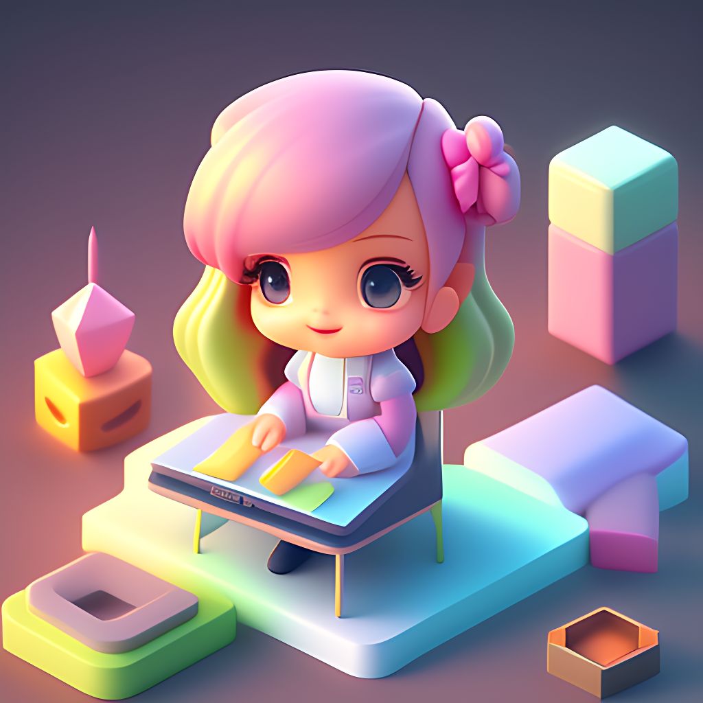 gs: Tiny cute isometric girl sitting at desk with computer emoji, soft ...