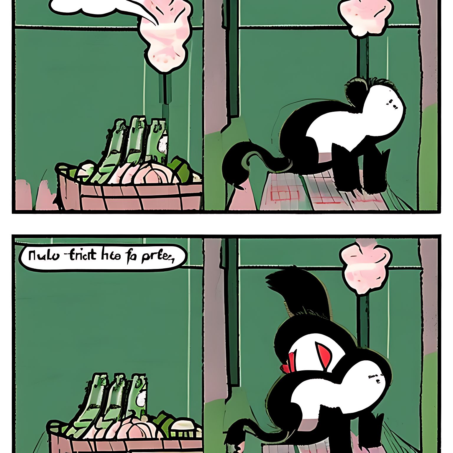 fair-heron277: Create a 5 panel comic strip featuring two skunk ...