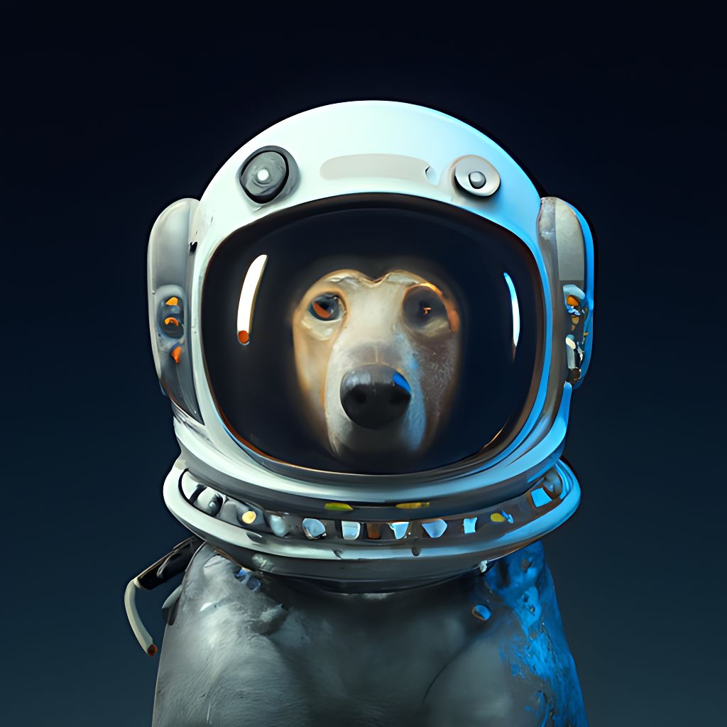 courtstarr: a dog with a space helmet floating in space