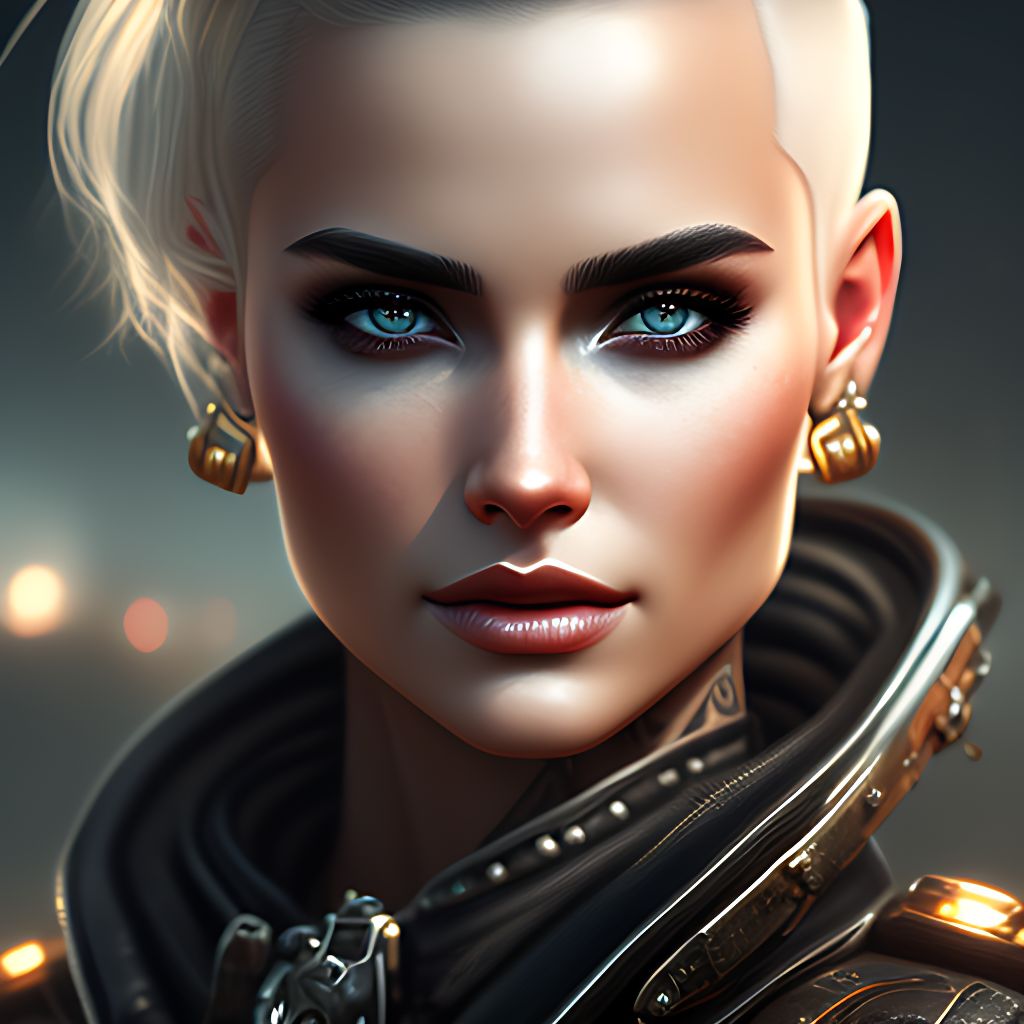 mrx: Blonde young adult woman buzz-cut hair, tattoos, dirty leather ...