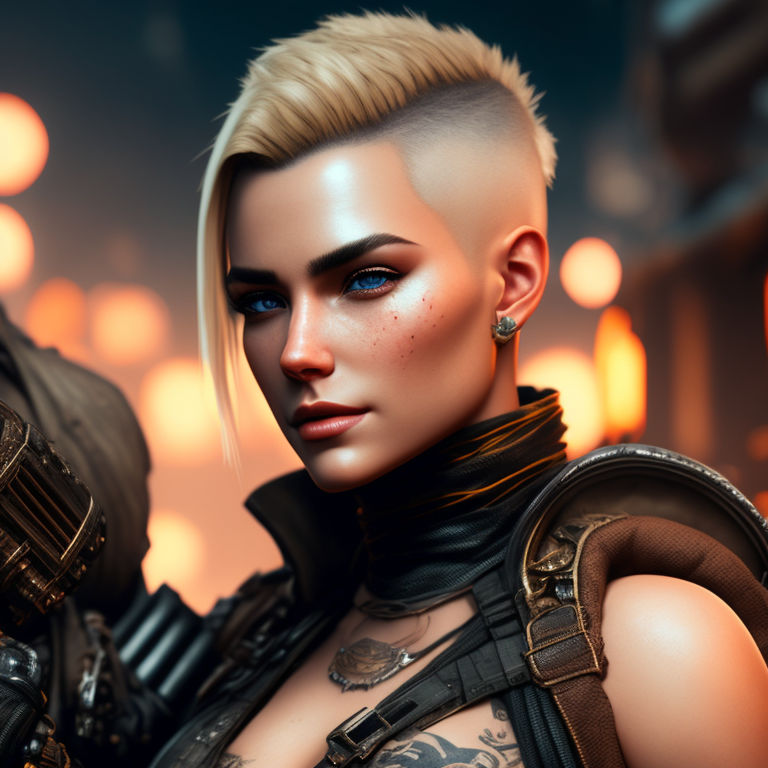 mrx: Blonde young adult woman buzz-cut hair, tattoos, dirty leather ...