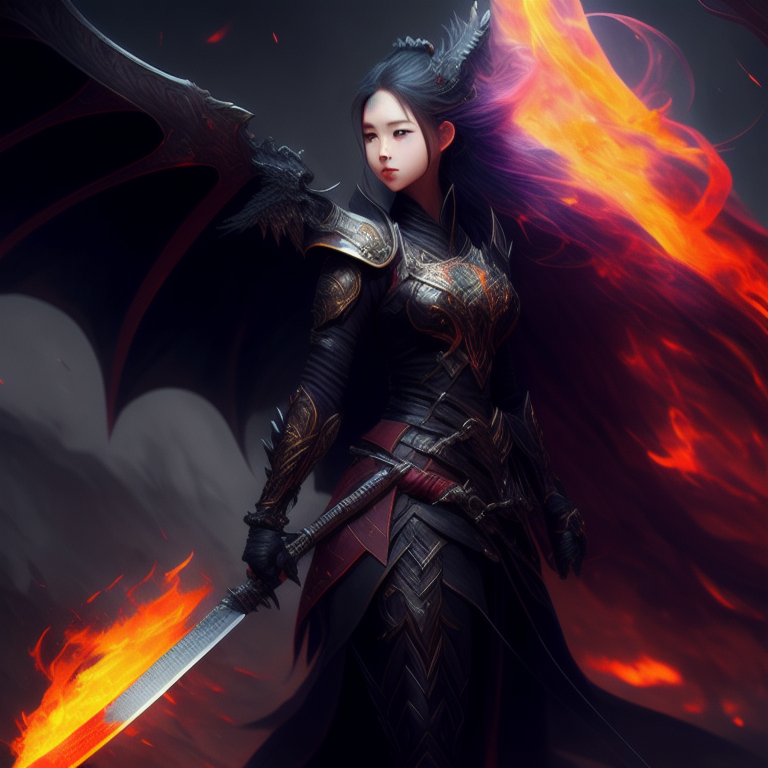 humble-stork888: half-dragon girl with an odachi katana and flames