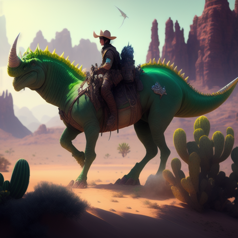 crowded-bee558: Goblin cowboy riding green dinosaur unicorn in cactus ...