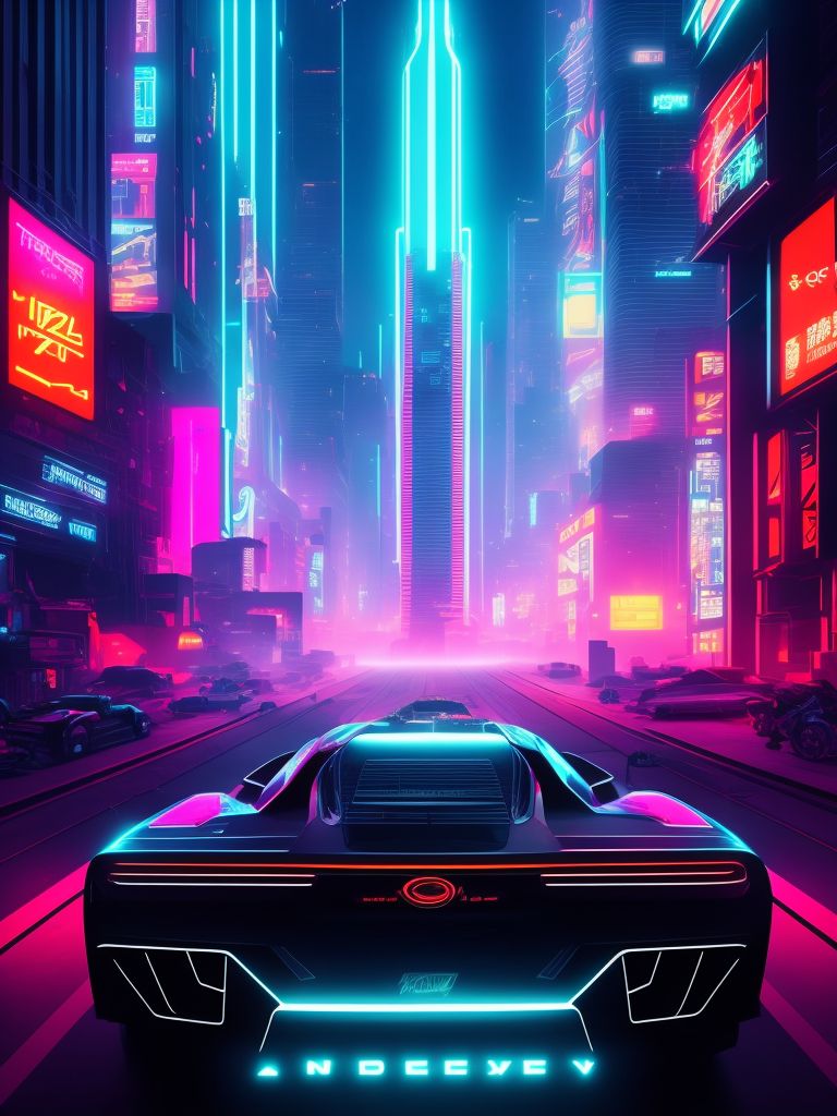 addison: a neon-lit flying car zooms down a futuristic highway at ...