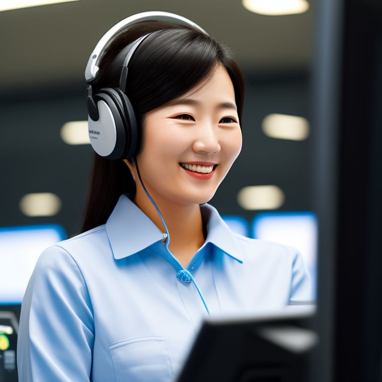 merry-ibis242: technician smiling, computer, headset, Korean lady