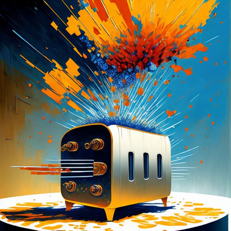 KOPF-KI-NO: angry ((toaster)), bipedal robot, Tetradic colors