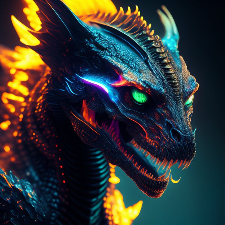 Voidraptor: portrait of a roaring neon skeleton dragon with iridescent ...