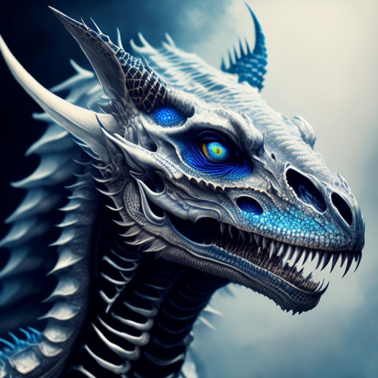 Voidraptor: portrait of a white and blue black skeleton dragon with ...