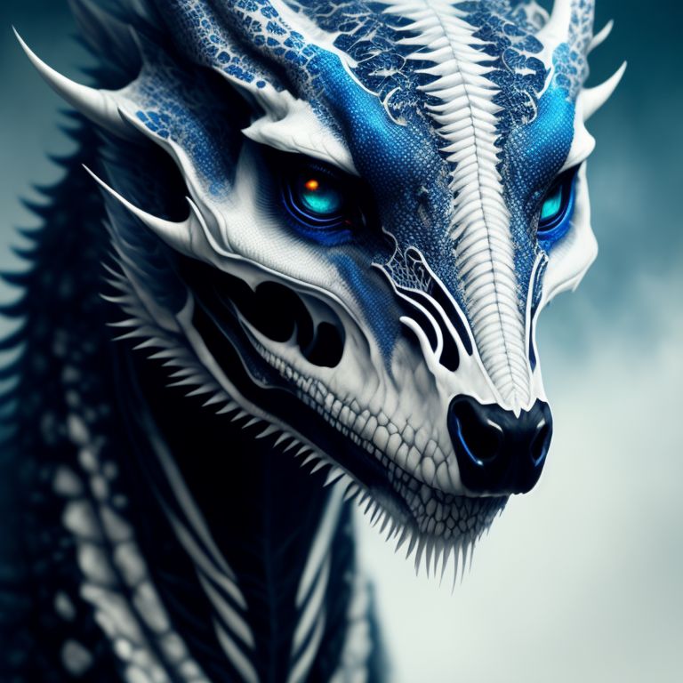 Voidraptor: portrait of a white and blue black skeleton dragon with ...