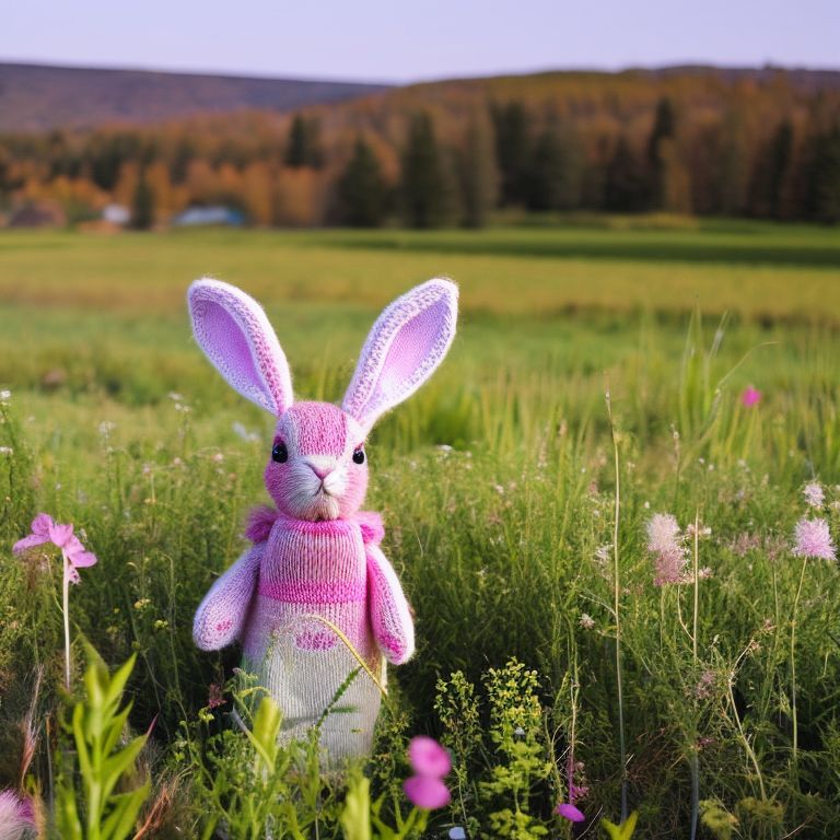 smug-rail410: a knit puppet rabbit in a meadow