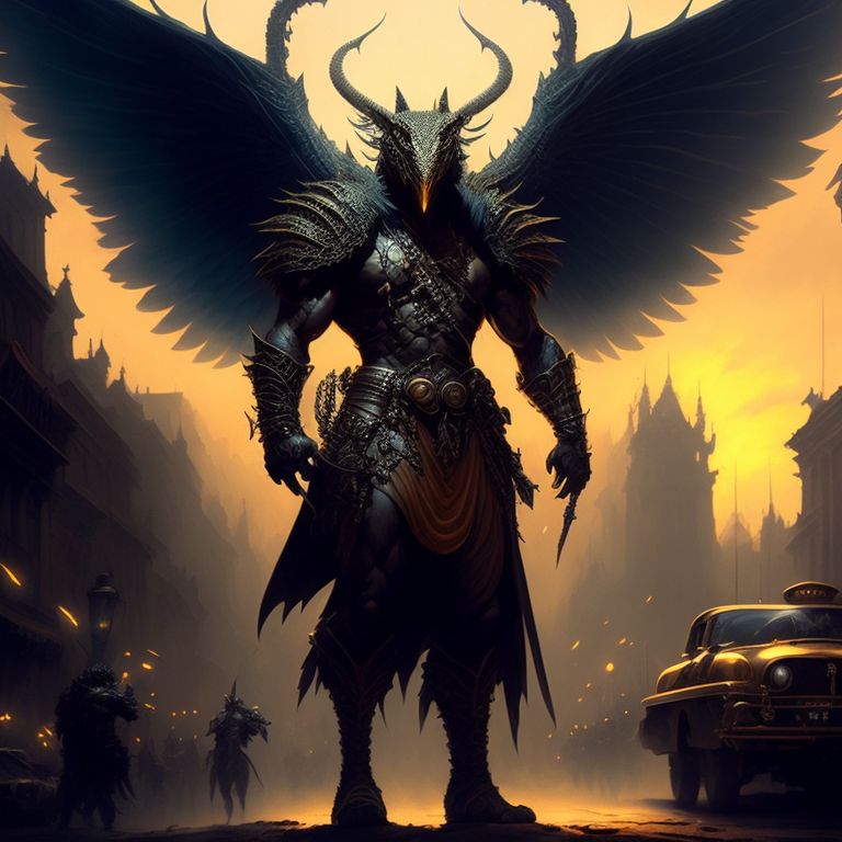 dim-mule689: crocodile warrior with wings standing in a street