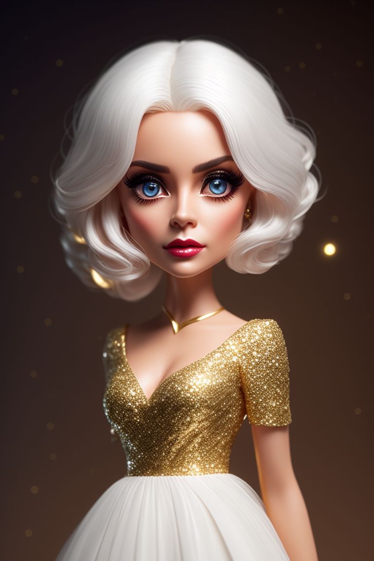 Lilla: woman in her forties, white hair, gold dress, elegant Hollywood ...
