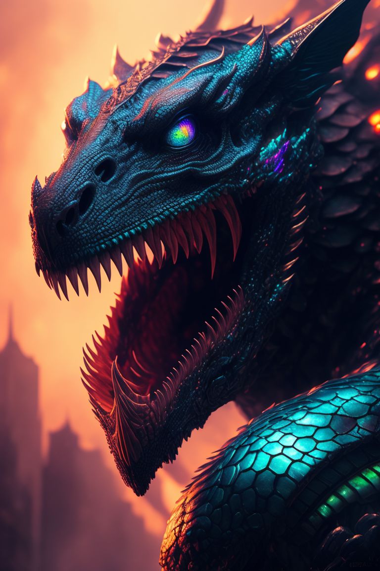 rileyfoster: portrait of a roaring neon skeleton dragon with iridescent ...
