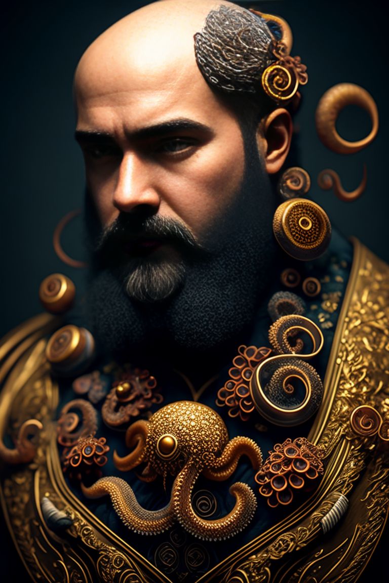 excited-swan463: Bald Man with beard made of octopus tentacles facing ...