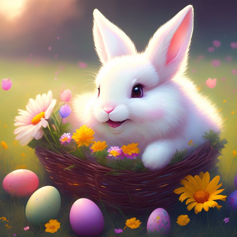 Promptart Cute Happy Smile Easter Bunny Basket Colorful Eggs Flowers Meadow