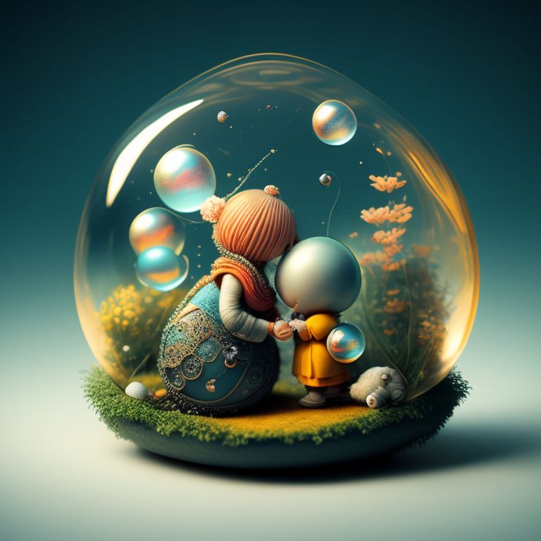 canine-dog950: A mother and her child hugging while flying inside a bubbles