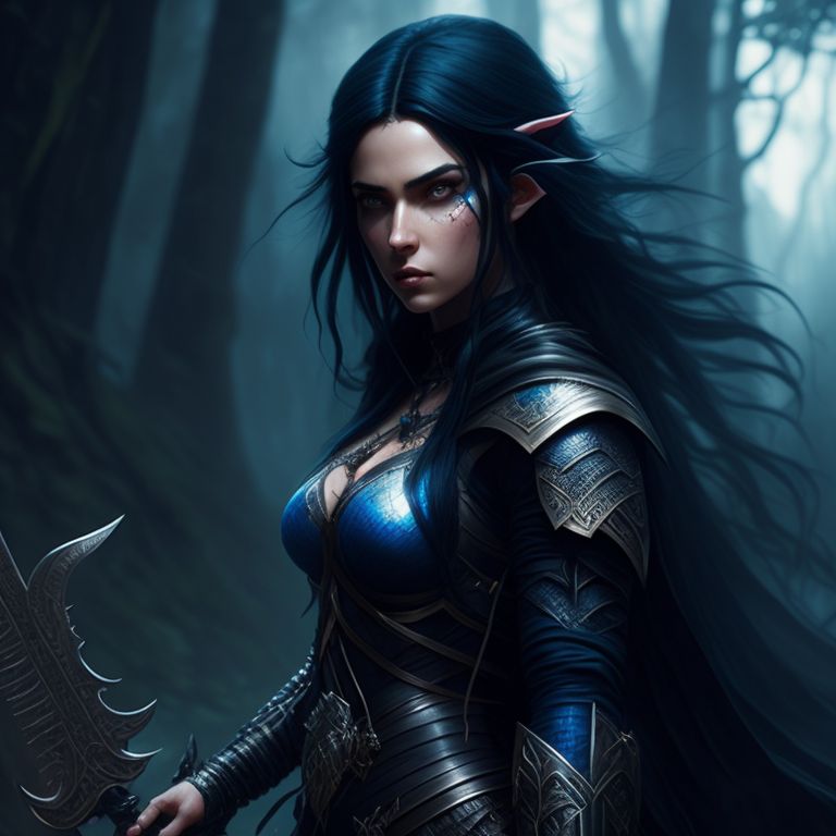 Crafty Wren25 Half Elf Woman With Blue Scales And Black Hair With A Sword