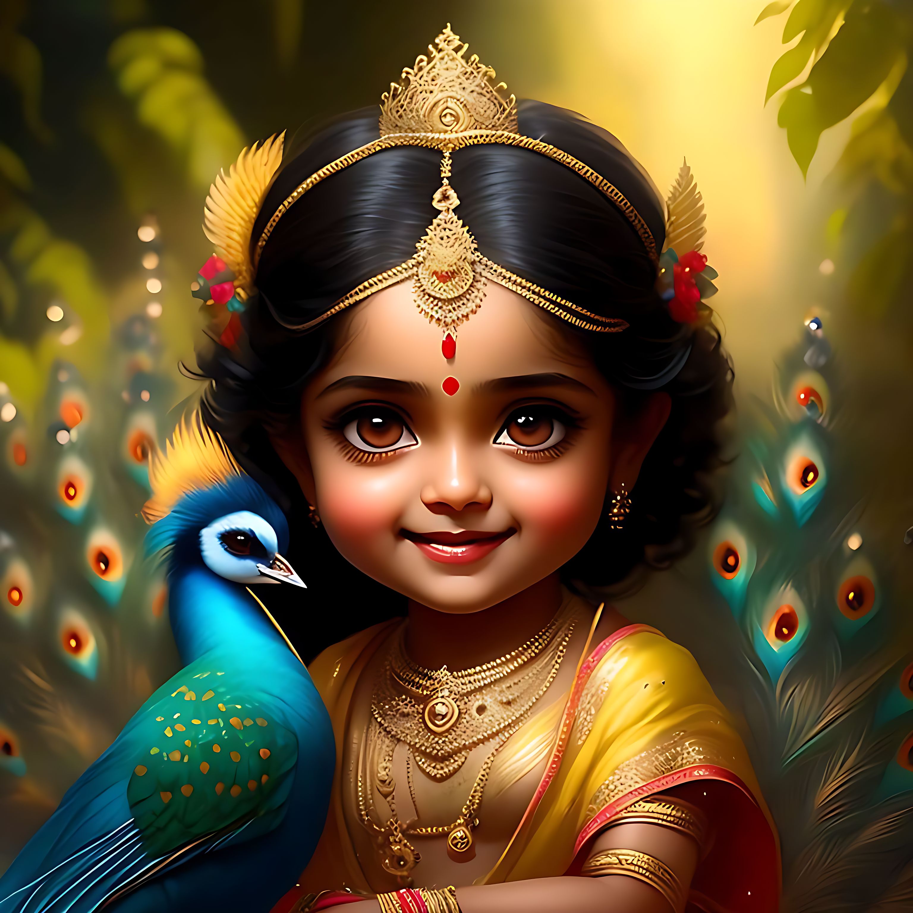 hasty-marten394: Sunny day, Radha Krishna with smile and peacocks