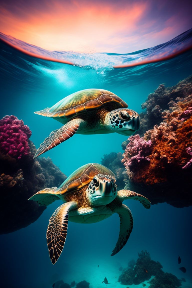 Sea Turtles Swimming With Fish