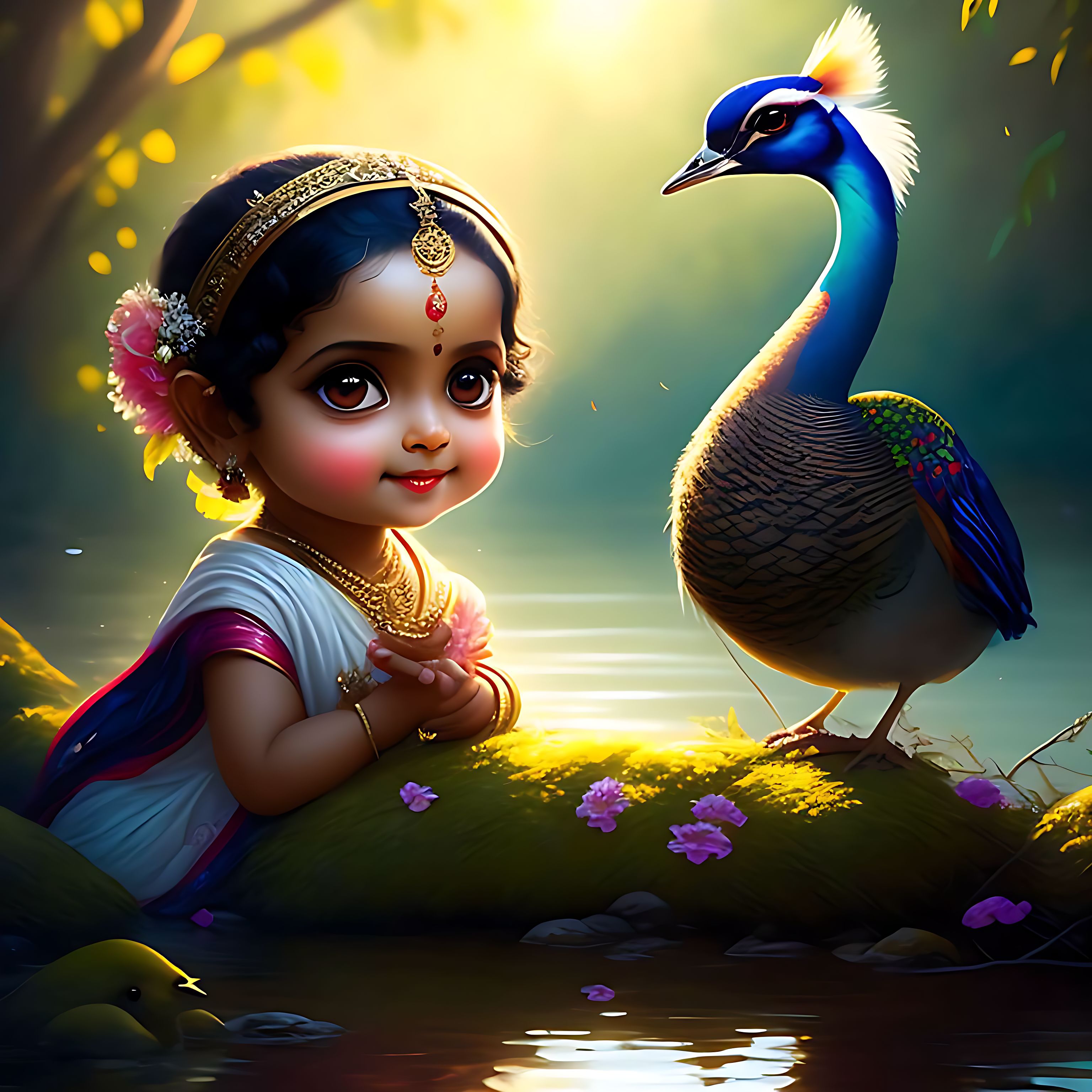 hasty-marten394: Sunny day, Radha Krishna with smile and peacocks in ...