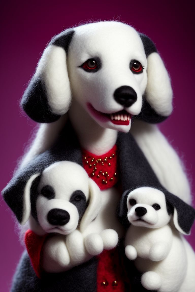 addison: Cruella Deville, holding a Dalmatian puppy