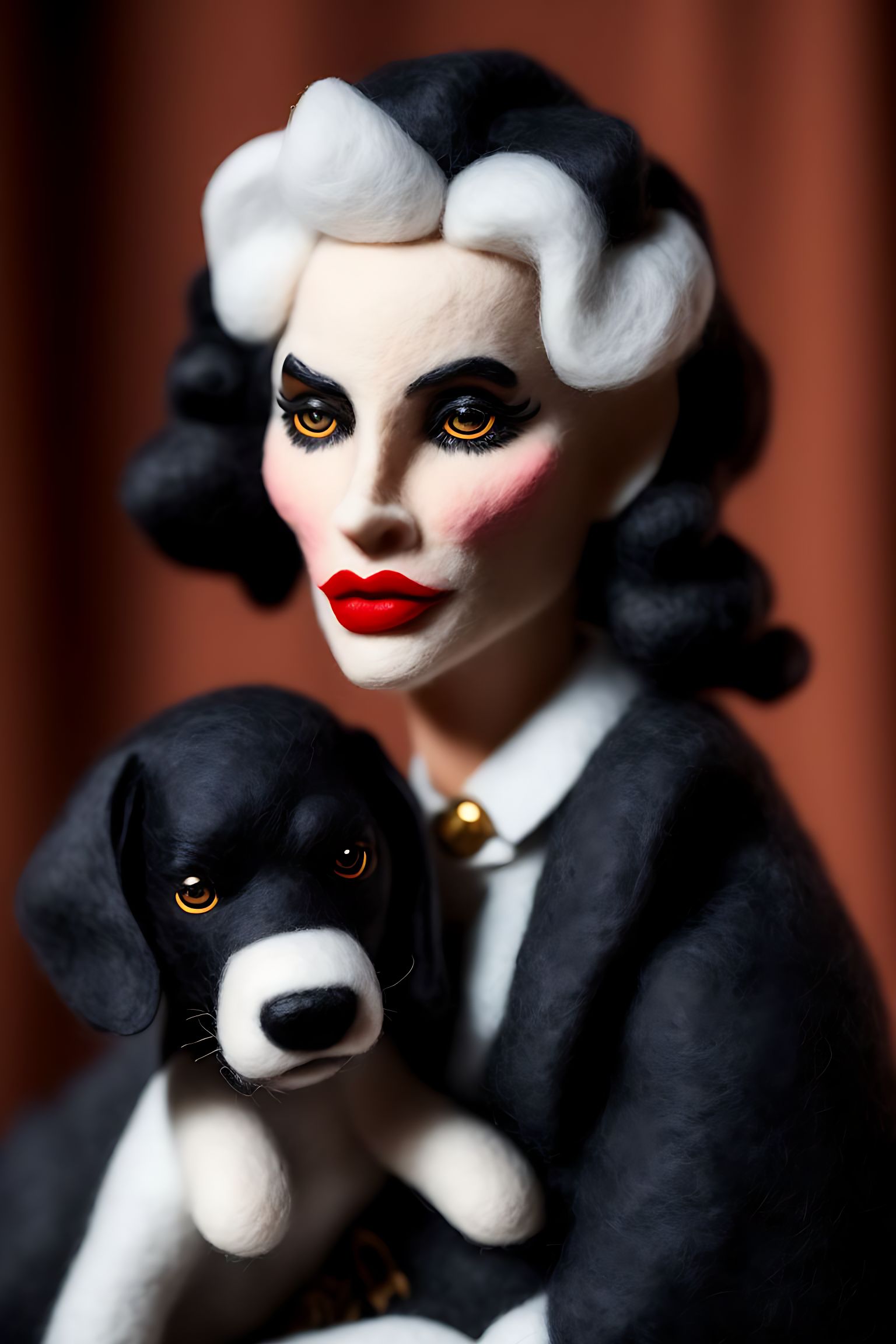 addison: Cruella Deville holding a Dalmatian puppy