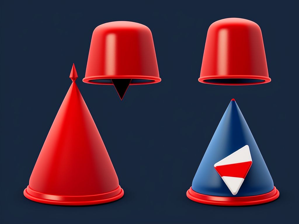 shidapenns: Dunce cap 3d badge, red on dark blue, S