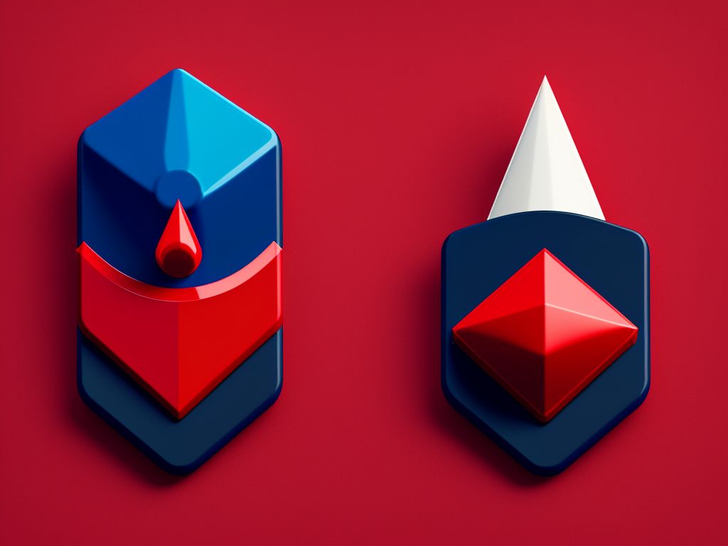 shidapenns: Dunce cap 3d badge, red on dark blue, S