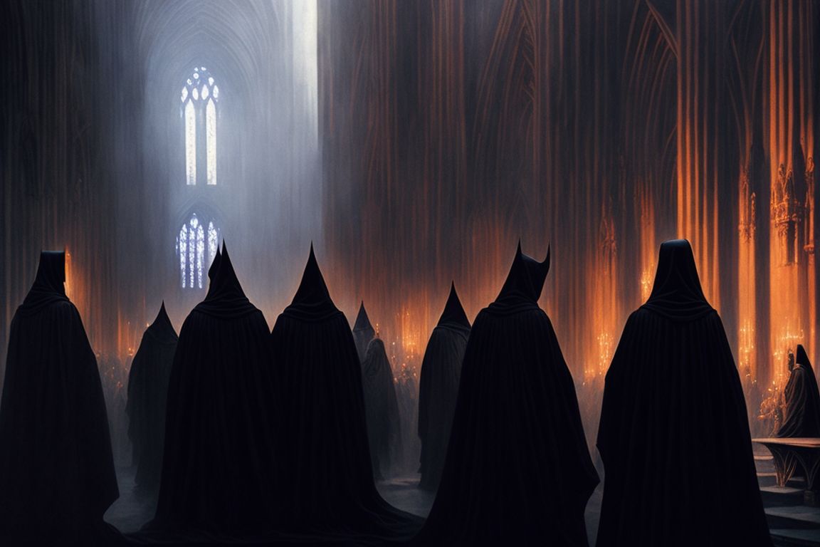 early-cod867: people in black robes pass each other a luminous crown