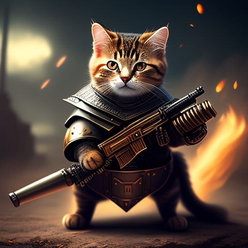 regal-gerbil681: cat with retro armor fighting a gun