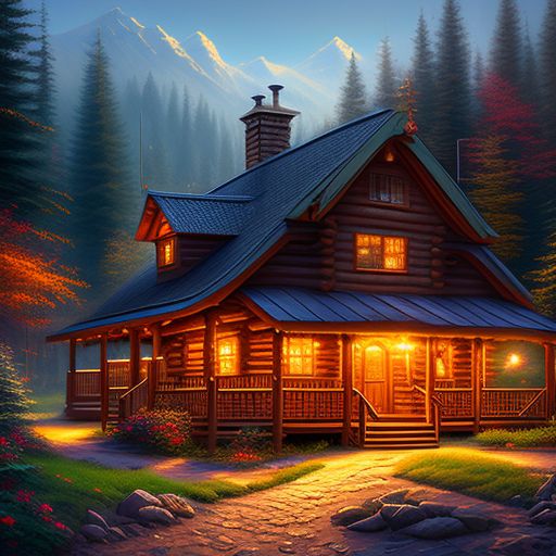 Thomas Kinkade Log Cabin Painting