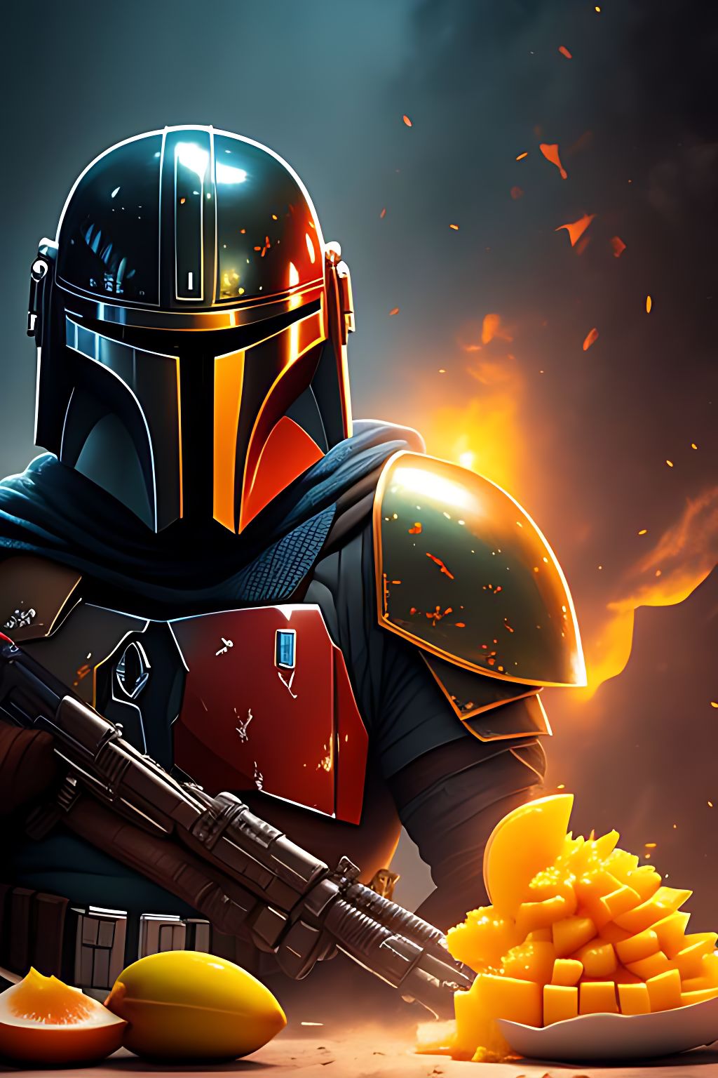 punk-and-pixels: mandalorian eating mango
