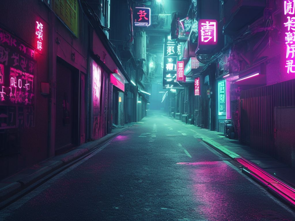 precious-bee423: small dark alley cyberpunk neon with wall facing straight