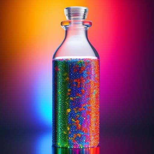 wise-quelea791: A tall round bottle of water with many colored small ...