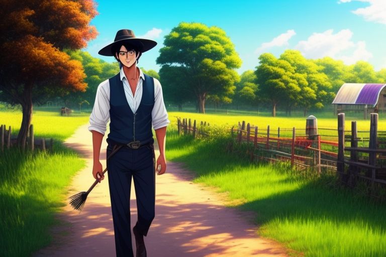 careful-wasp798: A man with black hair, blue eyes, wearing a straw hat ...