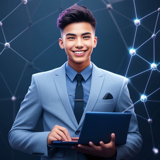 equal-owl709: teenager male with laptop, confident, smiling in suit ...
