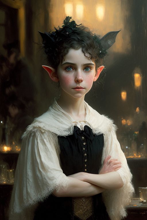 Astral: Portairt of a young elf girl with pale skin, pointy ears, black ...