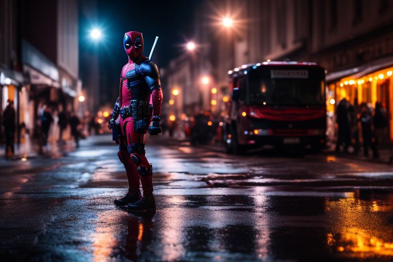 distinct-dog966: a photograph capturing Deadpool in a pose in a dim lit ...