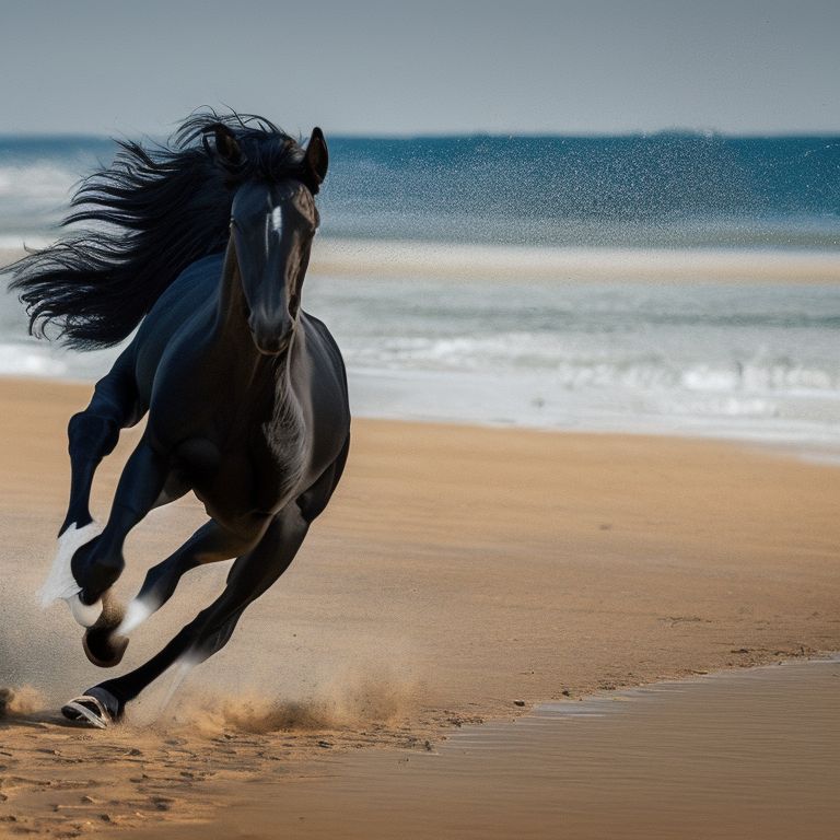 Black Horse Running On Beach