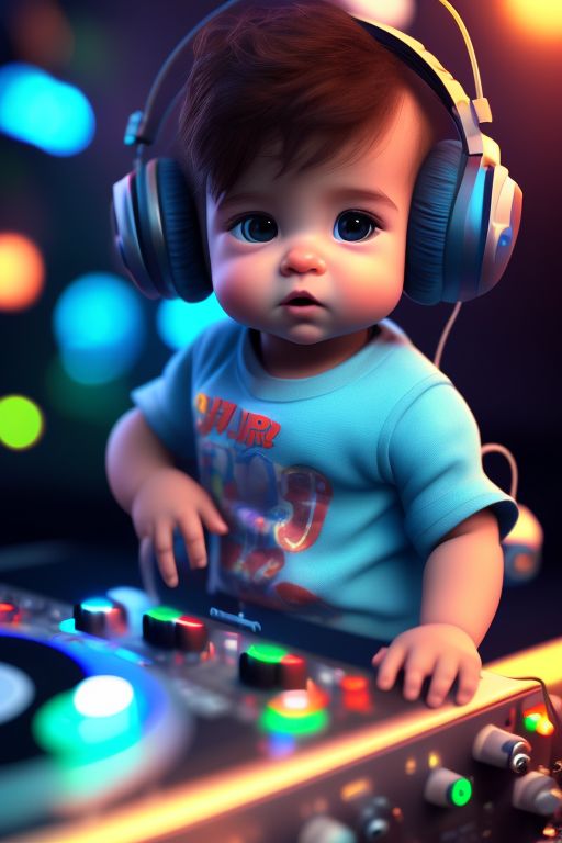 few-rail970: badass cute Baby boy wearing headphones djing,full body,32k,3d
