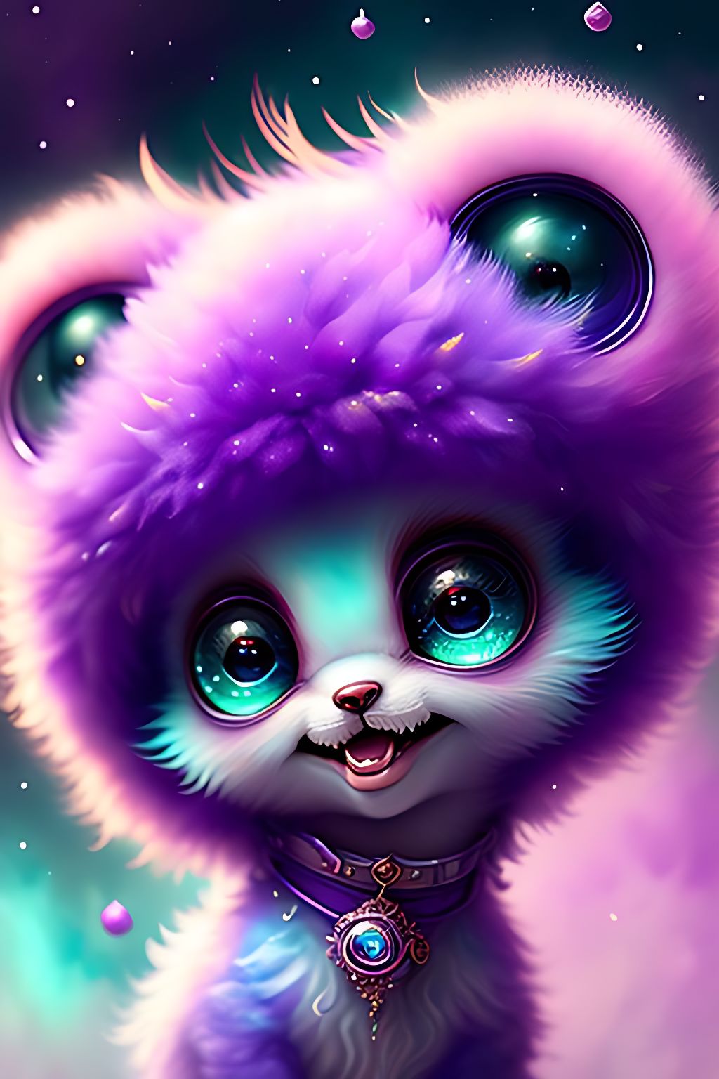 Sana: happy crazy tiny fluffy baby alien creature, large reflective ...